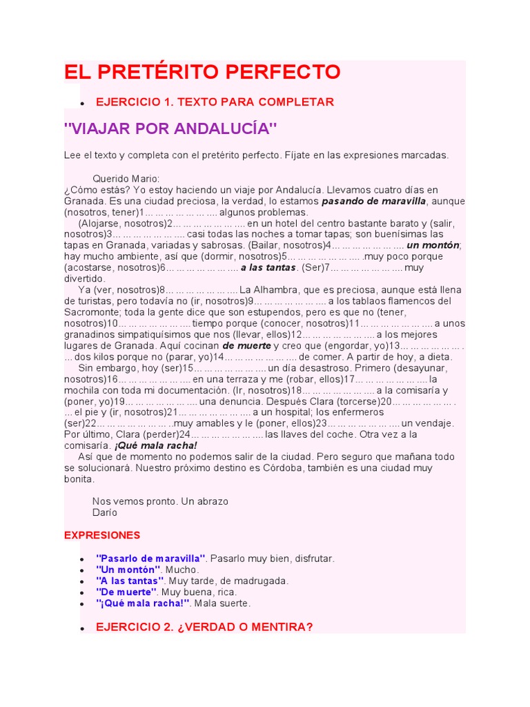 El Preterito Perfecto Ejercicios - 2 | PDF