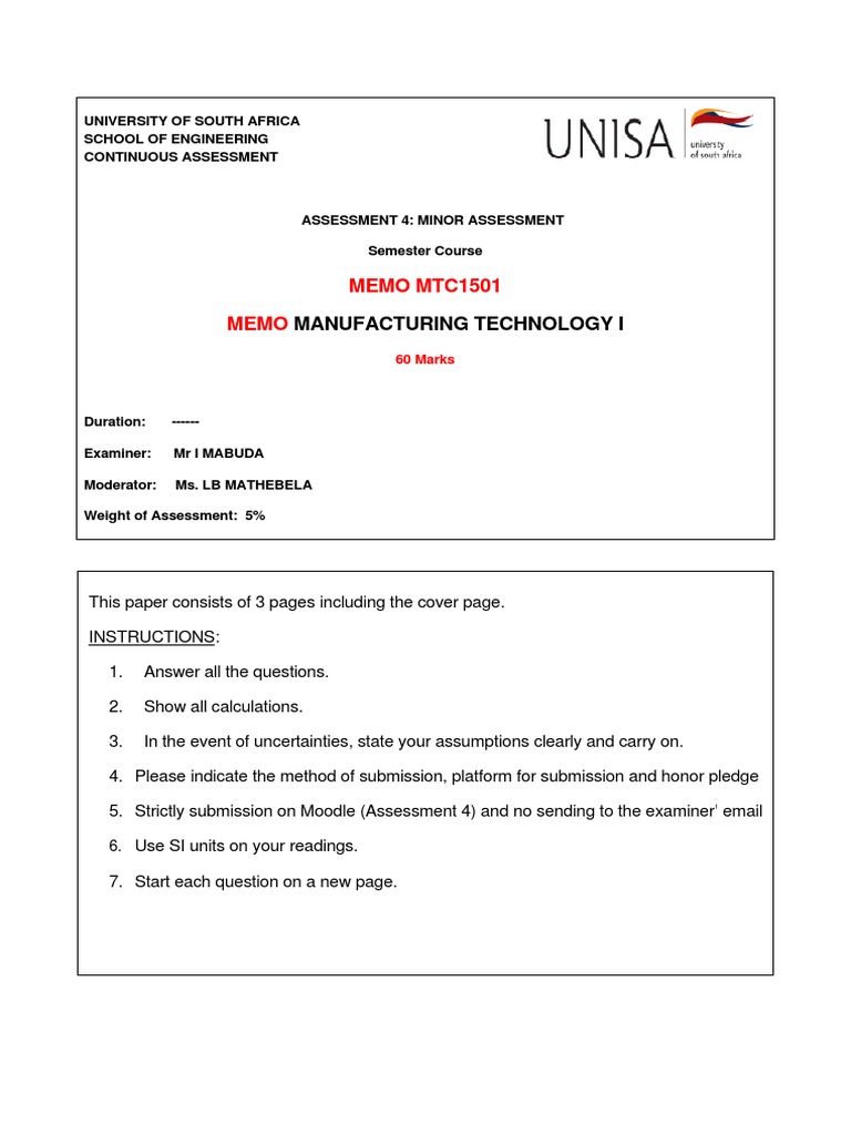 Memo MTC1501 Assessment 4 2022 | PDF | Machining | Crafts