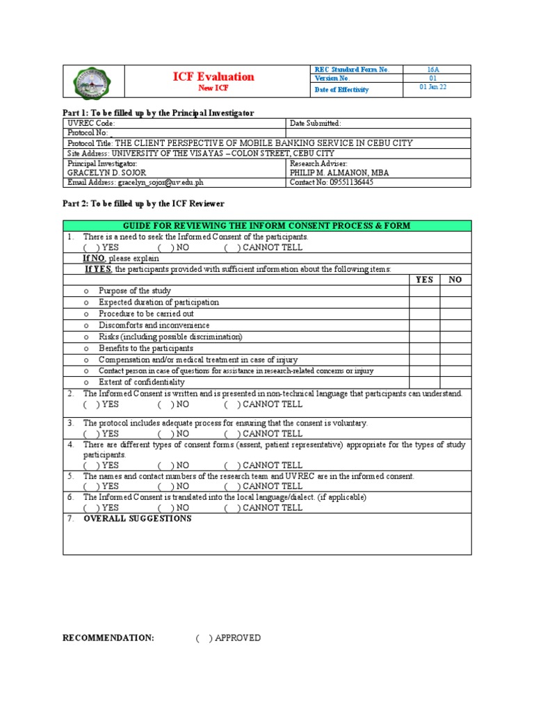 FORM 16A ICF Evaluation New | PDF | Informed Consent | Health Care