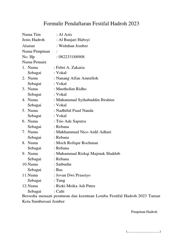 Formulir Festival Hadroh 2023 | PDF