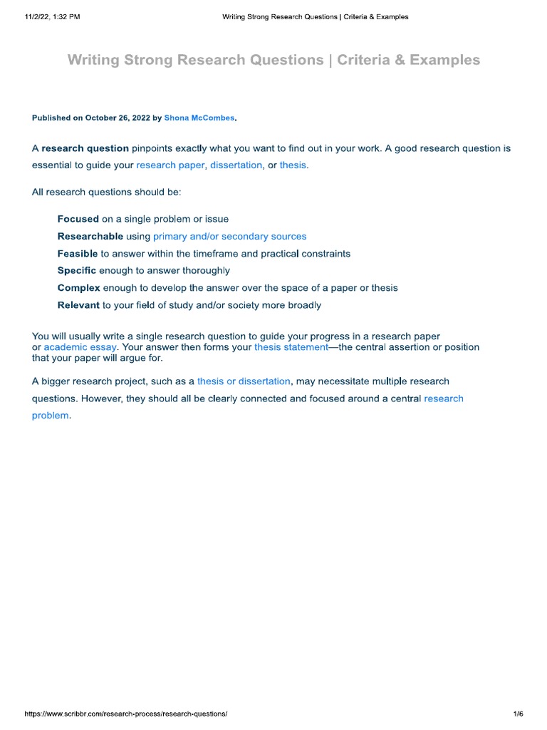 Writing Strong Research Questions.. Criteria and Examples | PDF