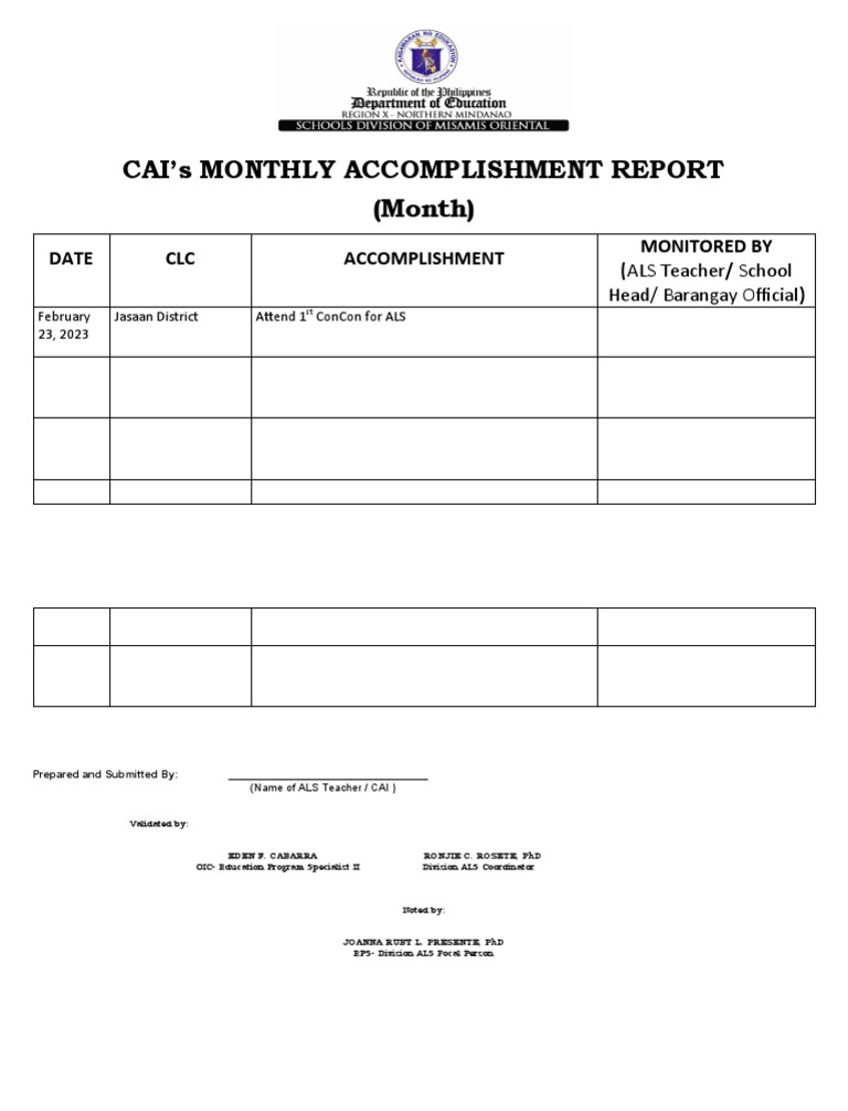 CAIs Monthly Accomplishment Report | PDF
