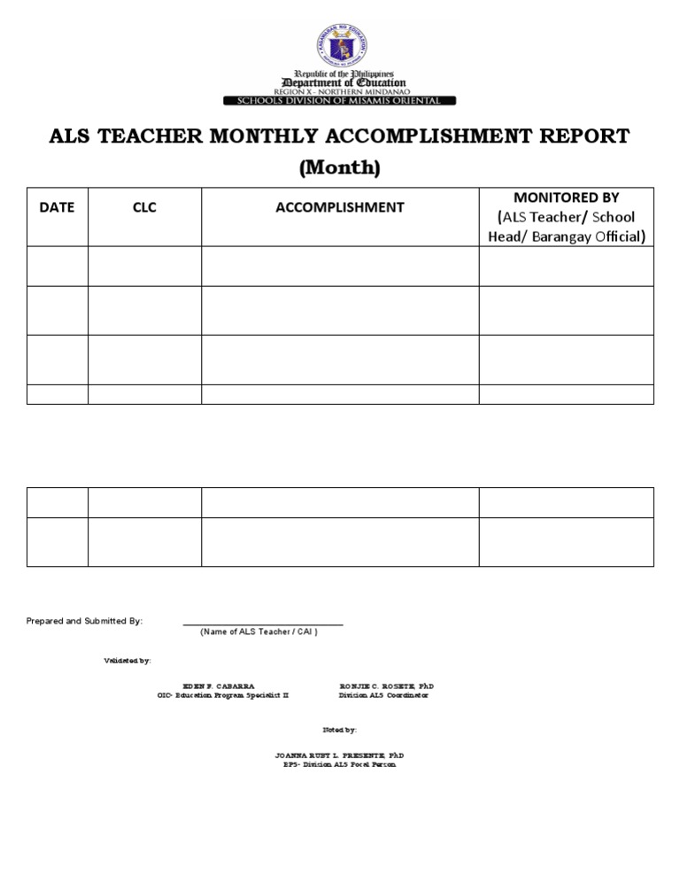 ALS Teacher Monthly Accomplishment Report | PDF