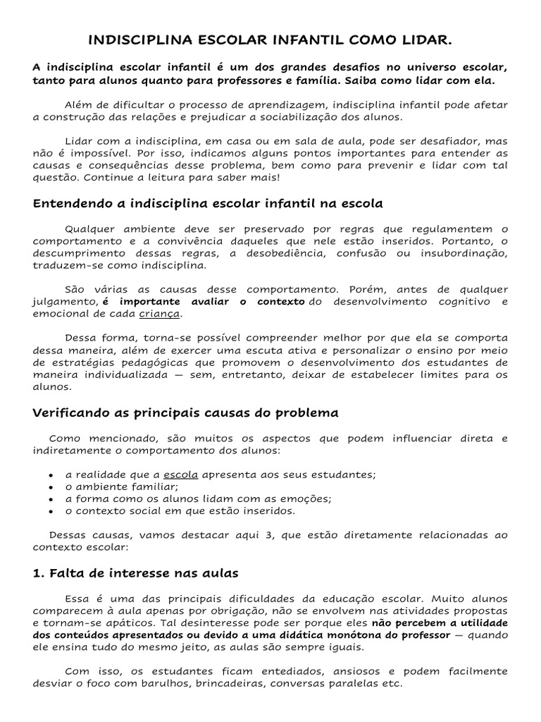 Indisciplina Escolar Infantil Como Lidar | PDF | Aprendizado | Família