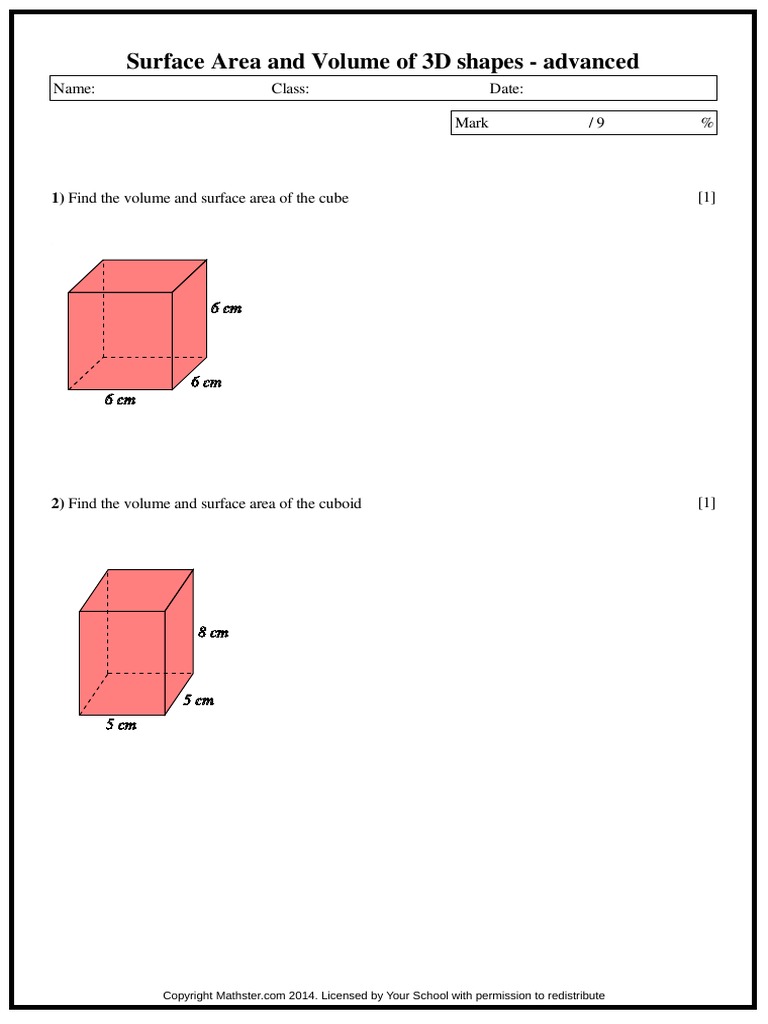 Surface Area and Volume of 3D Shapes - Advanced | PDF | Volume | Area