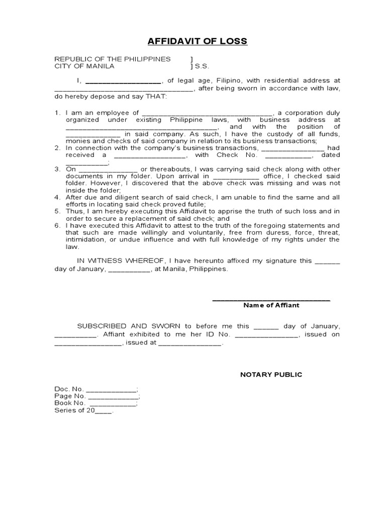 AFFIDAVIT OF LOSS Sample | PDF