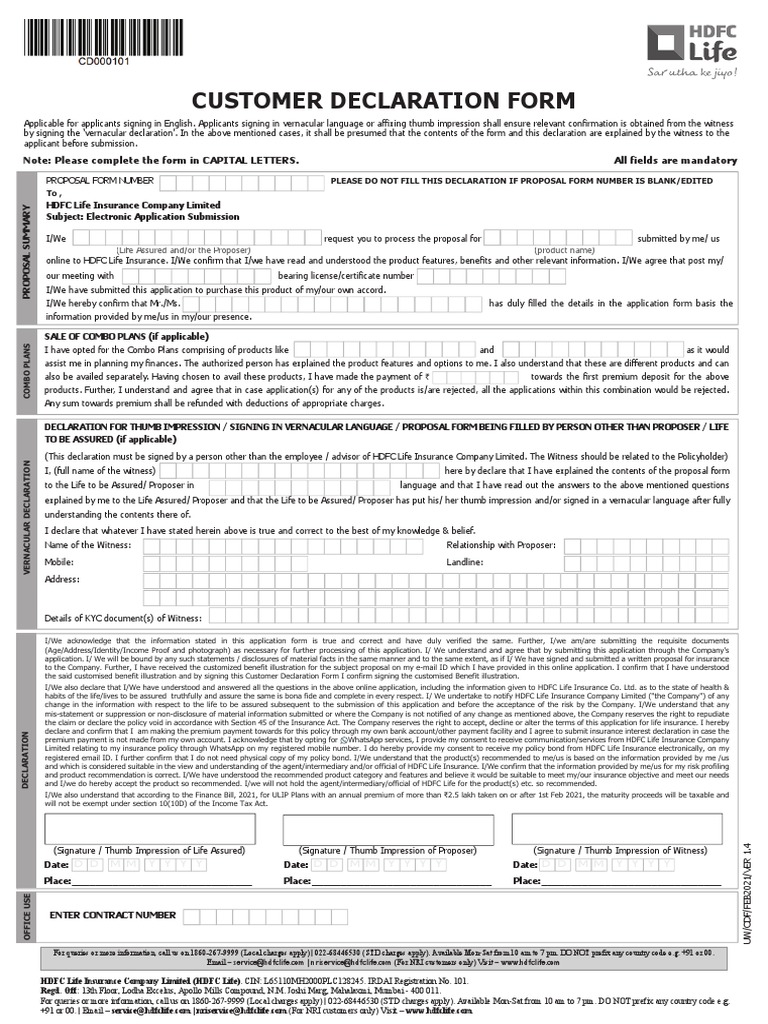 Customer Declaration Form | PDF | Insurance | Life Insurance