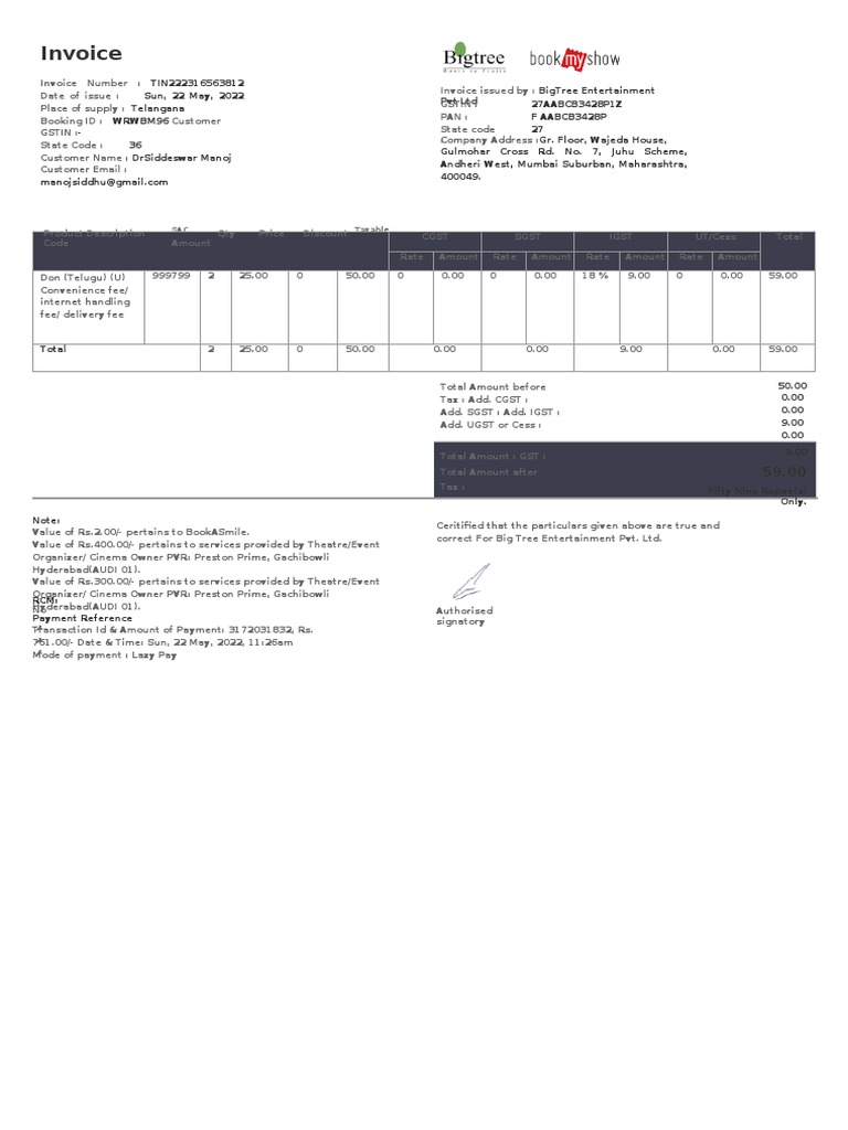 Invoice for the purchase of movie tickets and a donation through ...