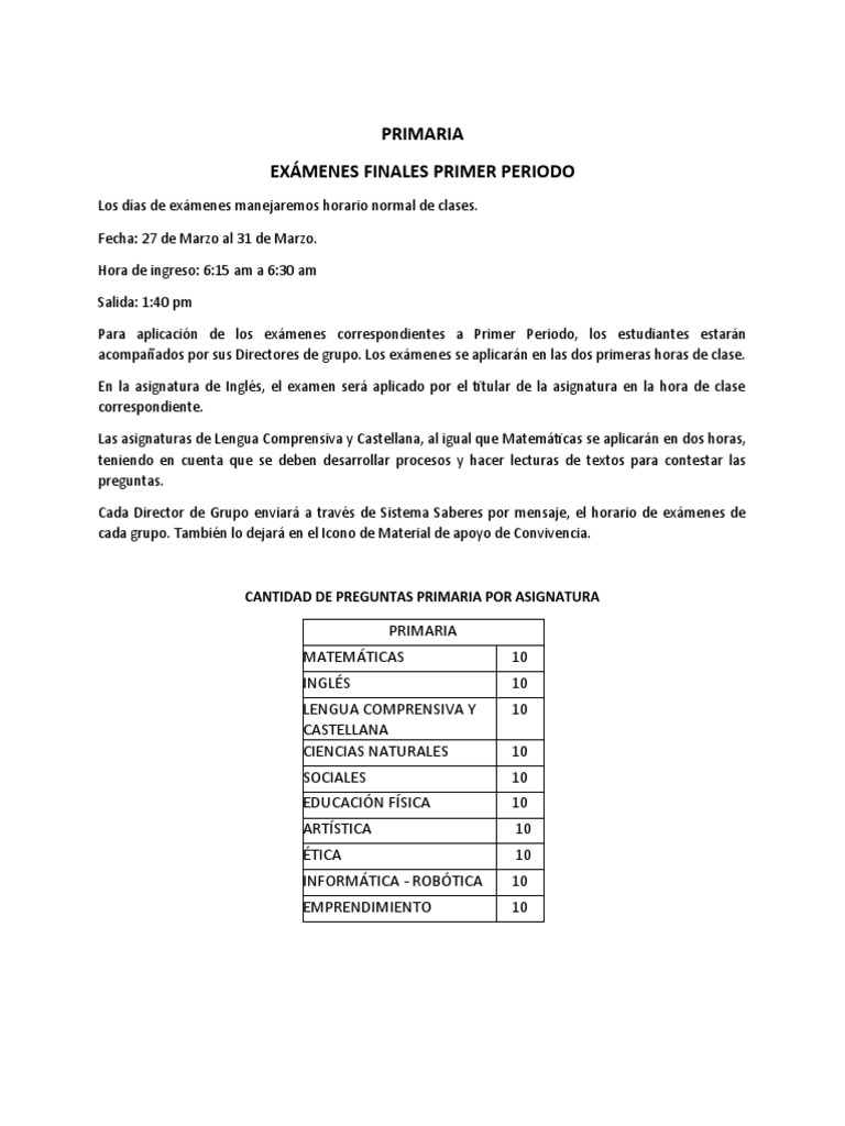 Primaria Circular Examenes Primer Periodo 2023 | PDF