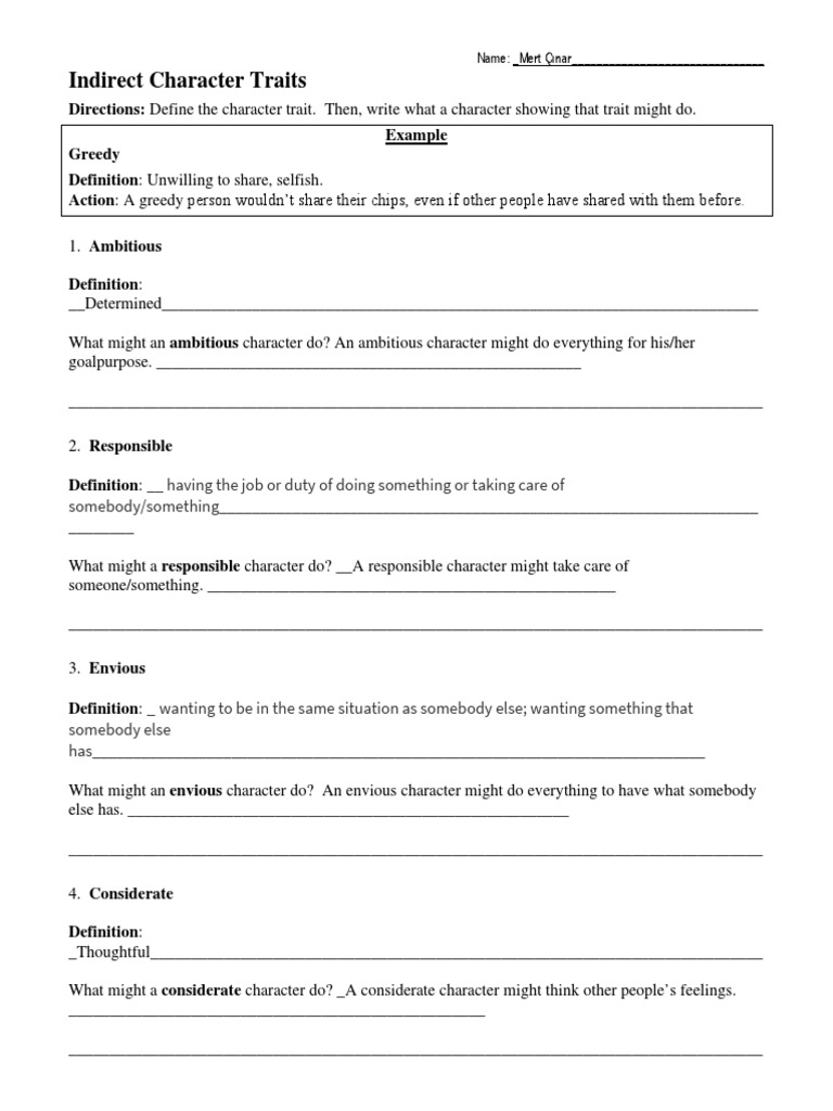 Indirect Character Traits Worksheet | PDF | Superstitions ...