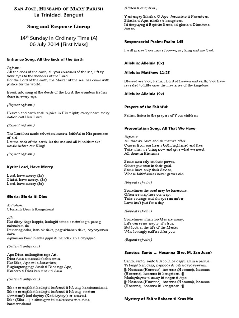 Mass Songs for 14th Sunday Ordinary Time | PDF | Mass (Liturgy ...