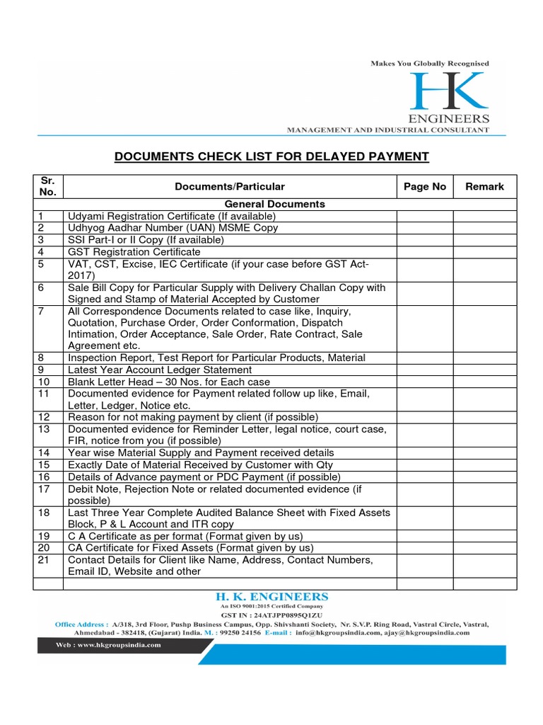 Delayed Payment Documents Checklist | PDF | Value Added Tax | Debits ...