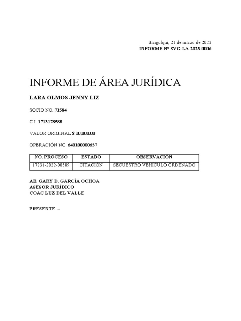 003 Informe LARA OLMOS JENNY LIZ | PDF | Demanda judicial | Justicia