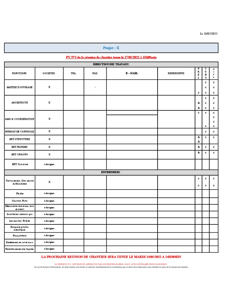 Exemple de PV de La Réunion de Chantier | PDF | Technologie du bâtiment | Ingénierie civile