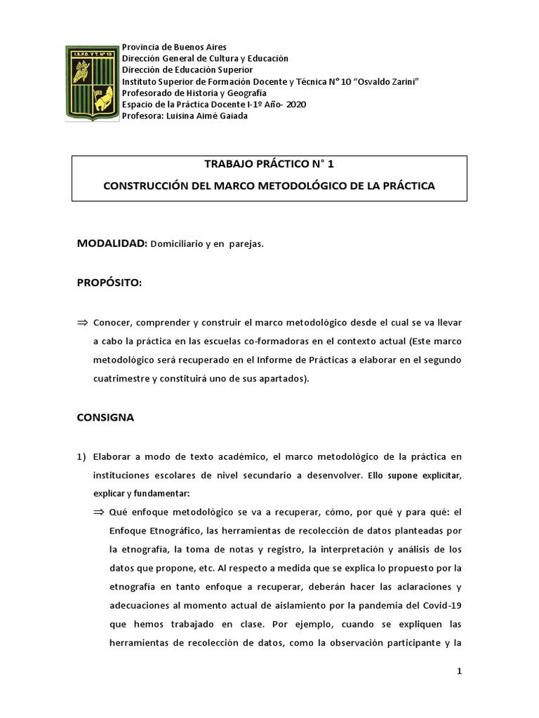 Trabajo Práctico #1 Construcción Del Marco Metodológico de La Práctica ...