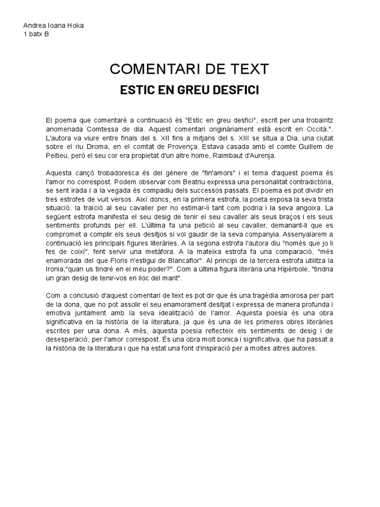 Comentari de Text, Estic en Greu Desfici. Andrea Hoka | PDF