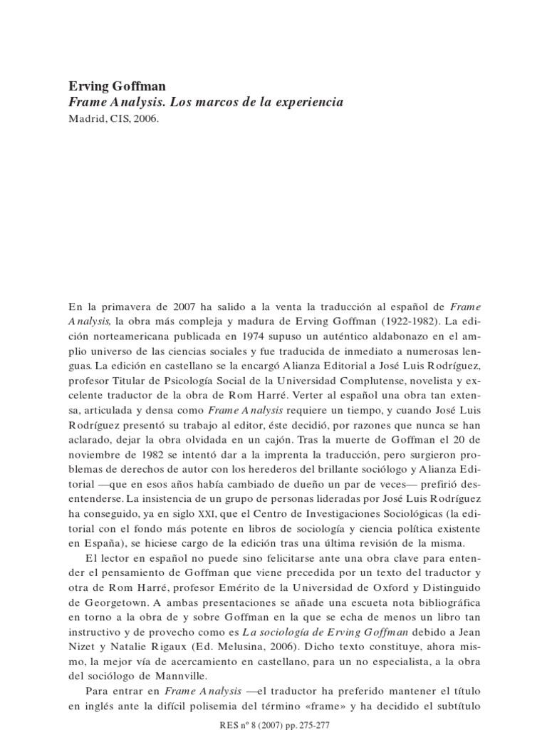 Erving Goffman - Frame Analysis (Los Marcos de La Experiencia) | PDF ...