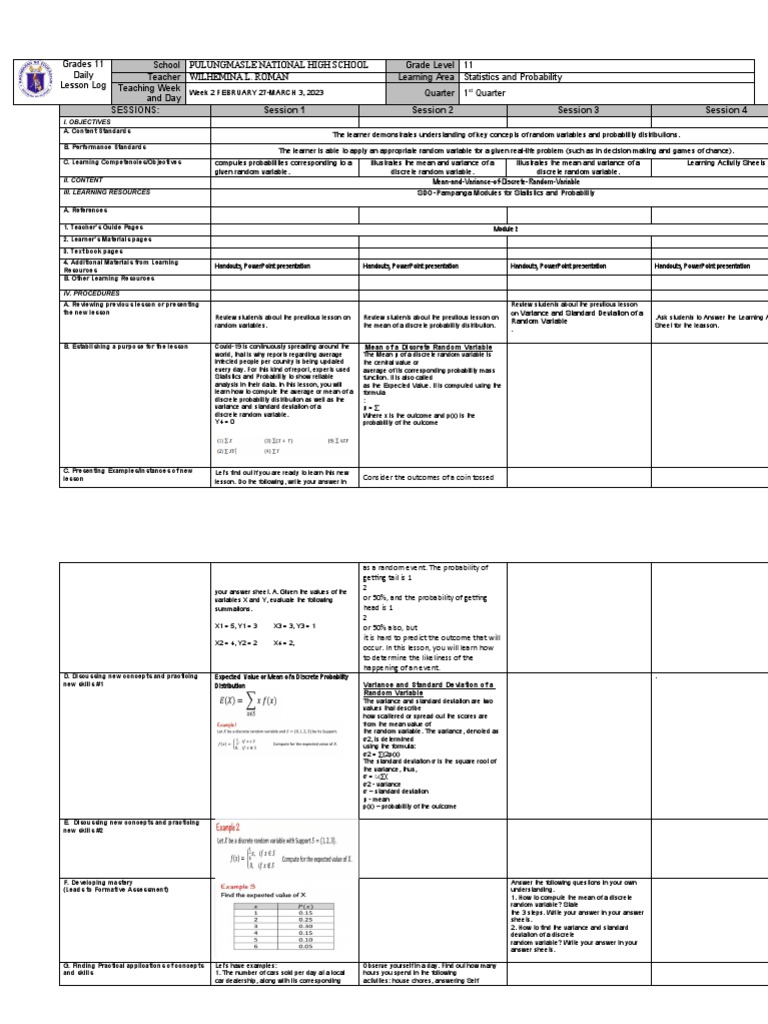 DLL Week 2 Stat | PDF | Variance | Expected Value