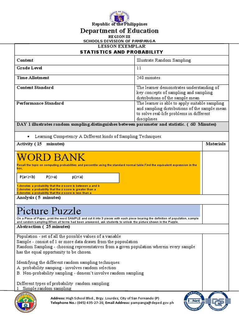 Lesson Plan: Statistics & Probability for Grade 11 | PDF | Sampling ...