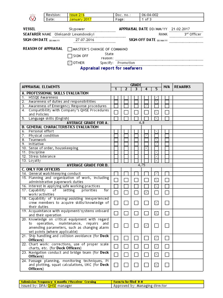 Appraisal Report For Seafarers: RD Dd/Mm/Yy Dd/Mm/Yy | PDF | Sailor