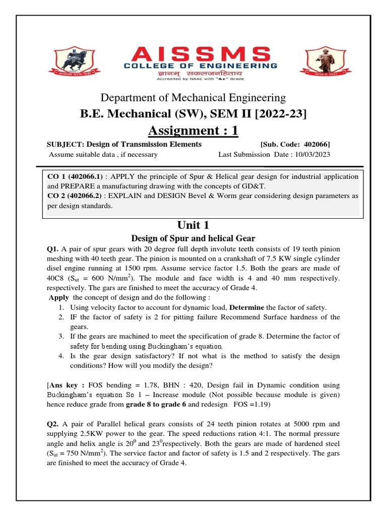 Assignment 1 (Unit 1 and 2) | PDF | Gear | Mechanical Engineering