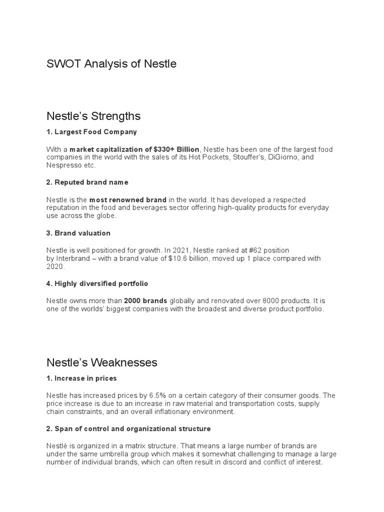 SWOT Analysis of Nestle | PDF | Nestlé | Brand