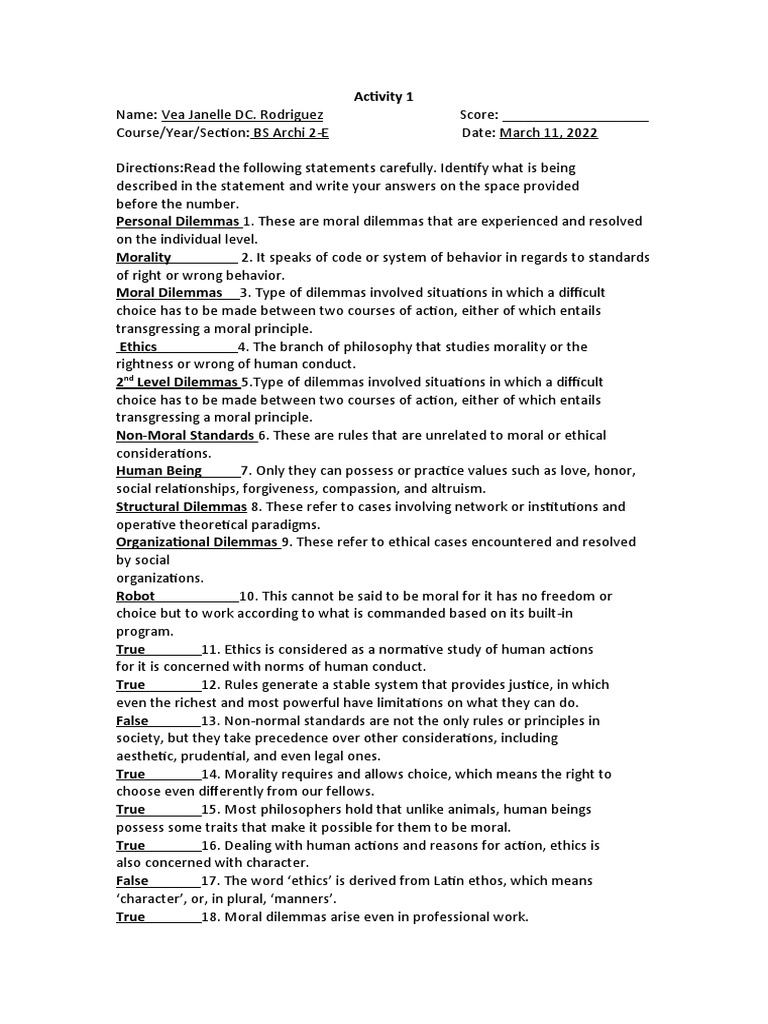 Ethics Activity | PDF | Utilitarianism | Morality