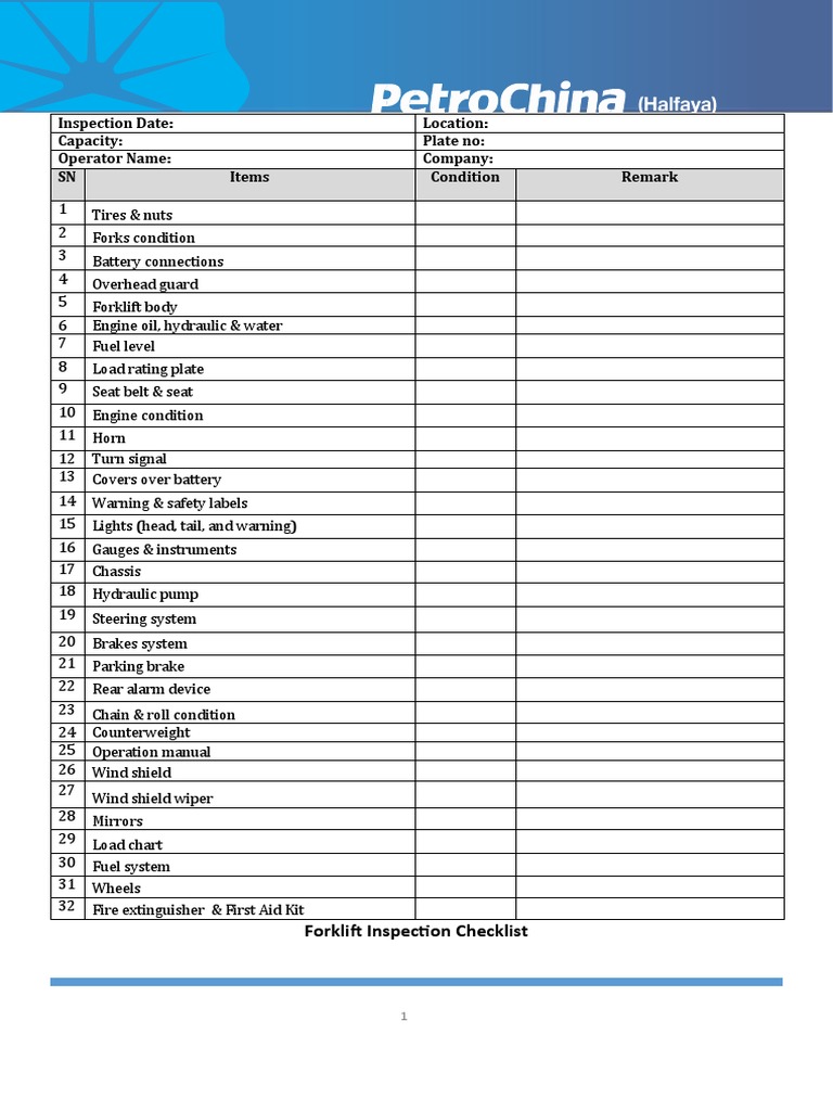 Forklift Inspection Checklist 2021 | PDF