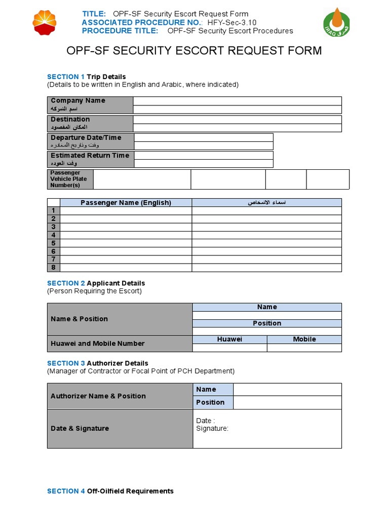 Opf-Sf Security Escort Request Form: Section 1 | Download Free PDF ...
