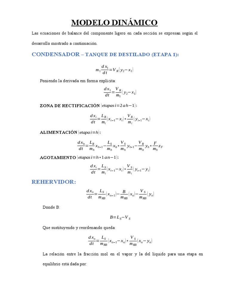 Modelo Dinámico | PDF | Destilación | Ecuaciones
