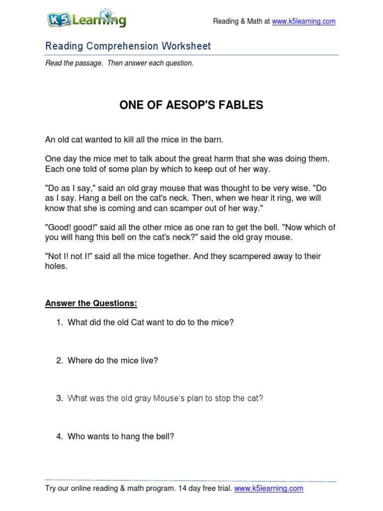 One of Aesop'S Fables: Reading Comprehension Worksheet | PDF