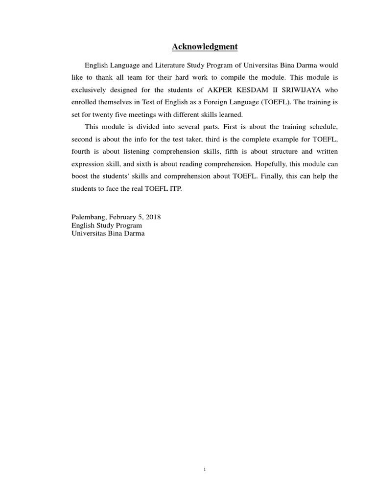 Acknowledgment: Boost The Students' Skills and Comprehension About TOEFL. Finally, This Can Help ...