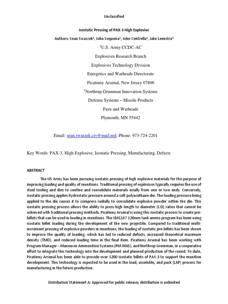 Isostatic Pressing of PAX-3 High Explosive: Sean - Swaszek.civ@mail ...