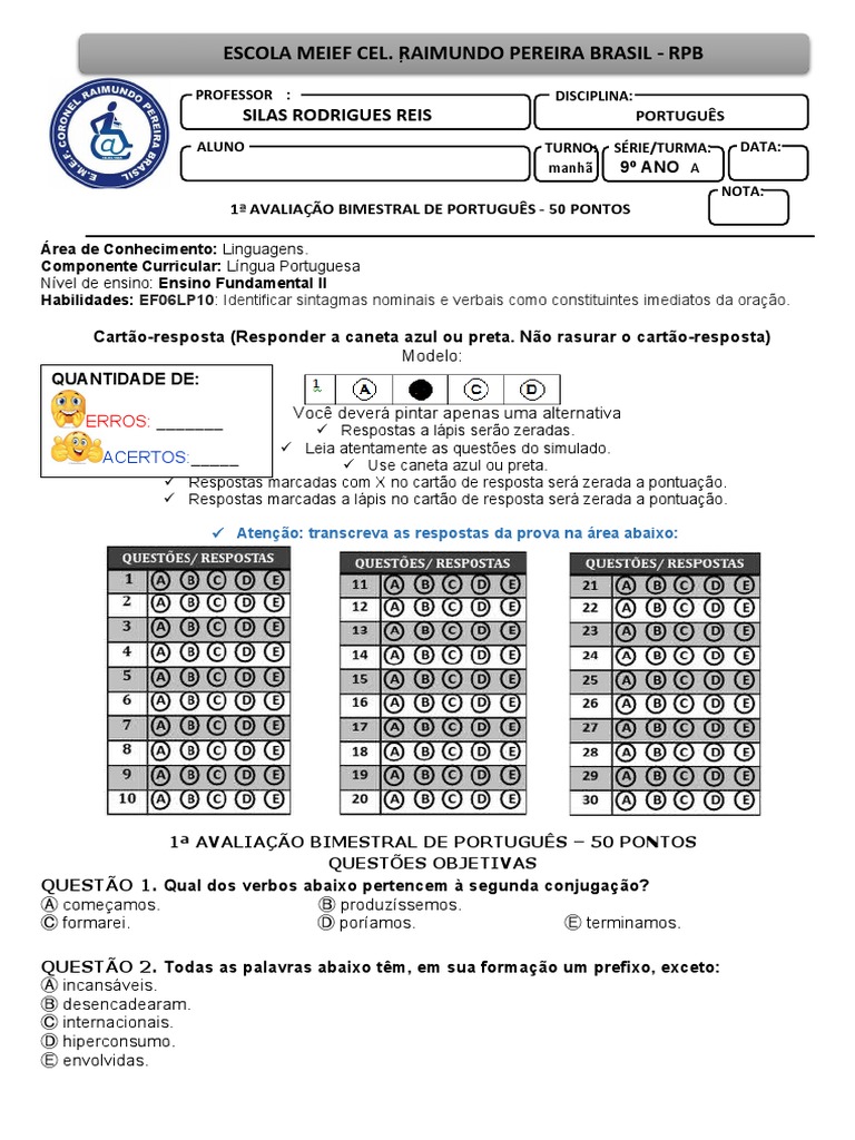 PROVA Port 9º - Ano 2023 | PDF | Palavra | Linguística