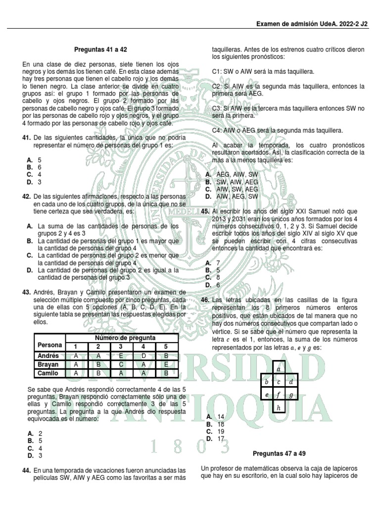 Examen UdeA 2022-2 J2 | PDF | Decimal | Entero