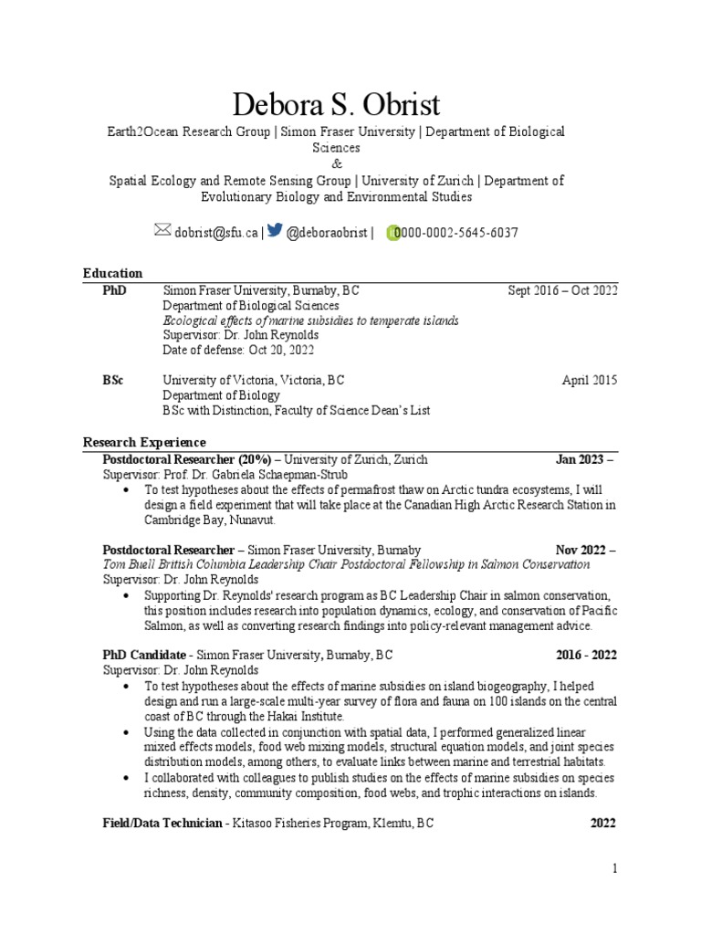 Obrist Debora CV 2022 | PDF | Ecology | Biogeography