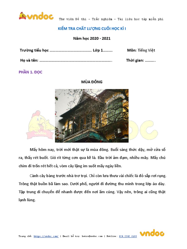 De Thi Hoc Ki 1 Lop 1 Mon Tieng Viet Nam 2020 2021 Sach Chan Troi de 2 | PDF