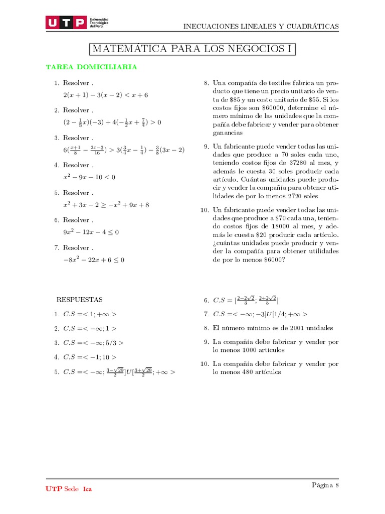 S02s1-MN1-Resolver Ejercicios - PDF Inecuaciones-Lineales-Y-Cuadraticas-2023 | PDF