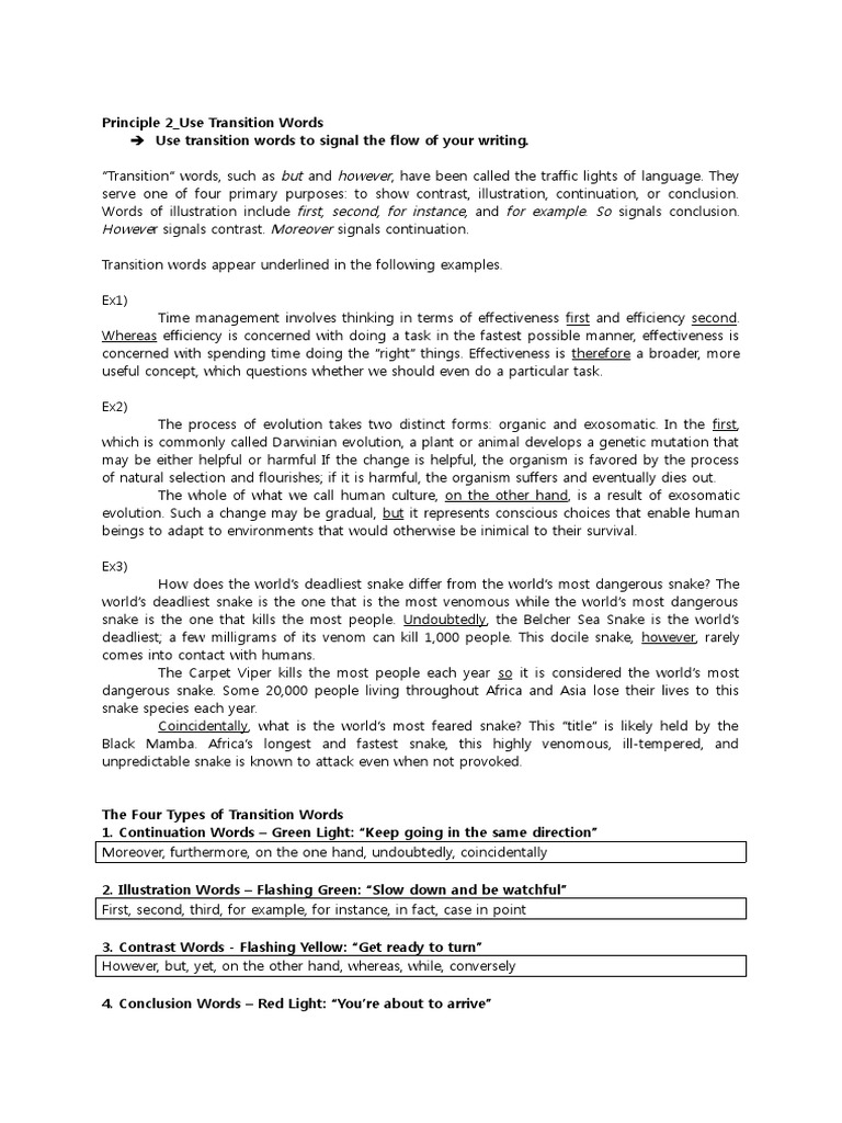 Principle#3 - Use Transiton Words | PDF | Evolution | Snake