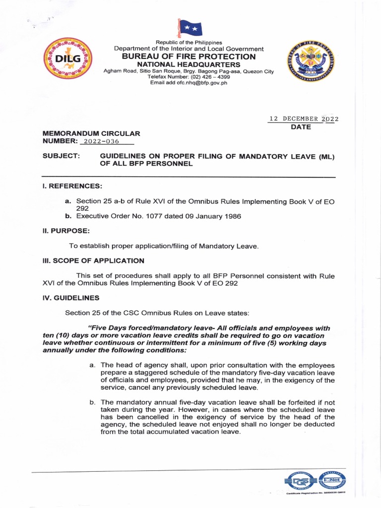 MC 2022 036 Guidelines On Proper Filing of Mandatory Leave ML of All ...