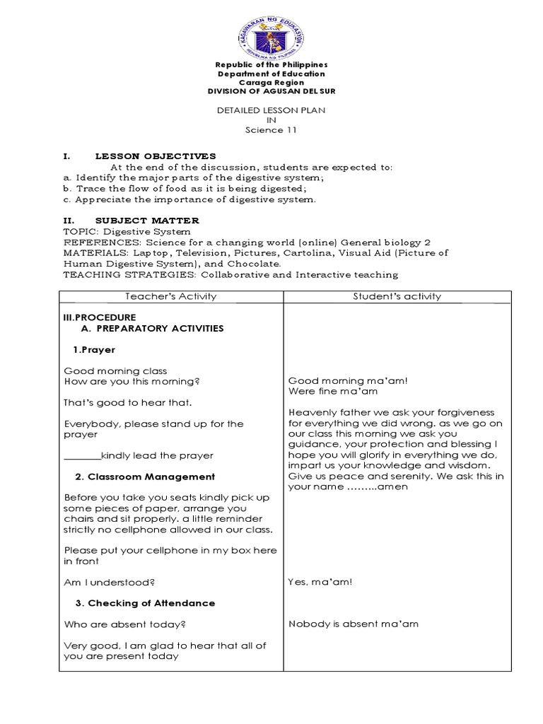 Detailed Lesson Plan: Digestive System | PDF | Digestion | Human ...