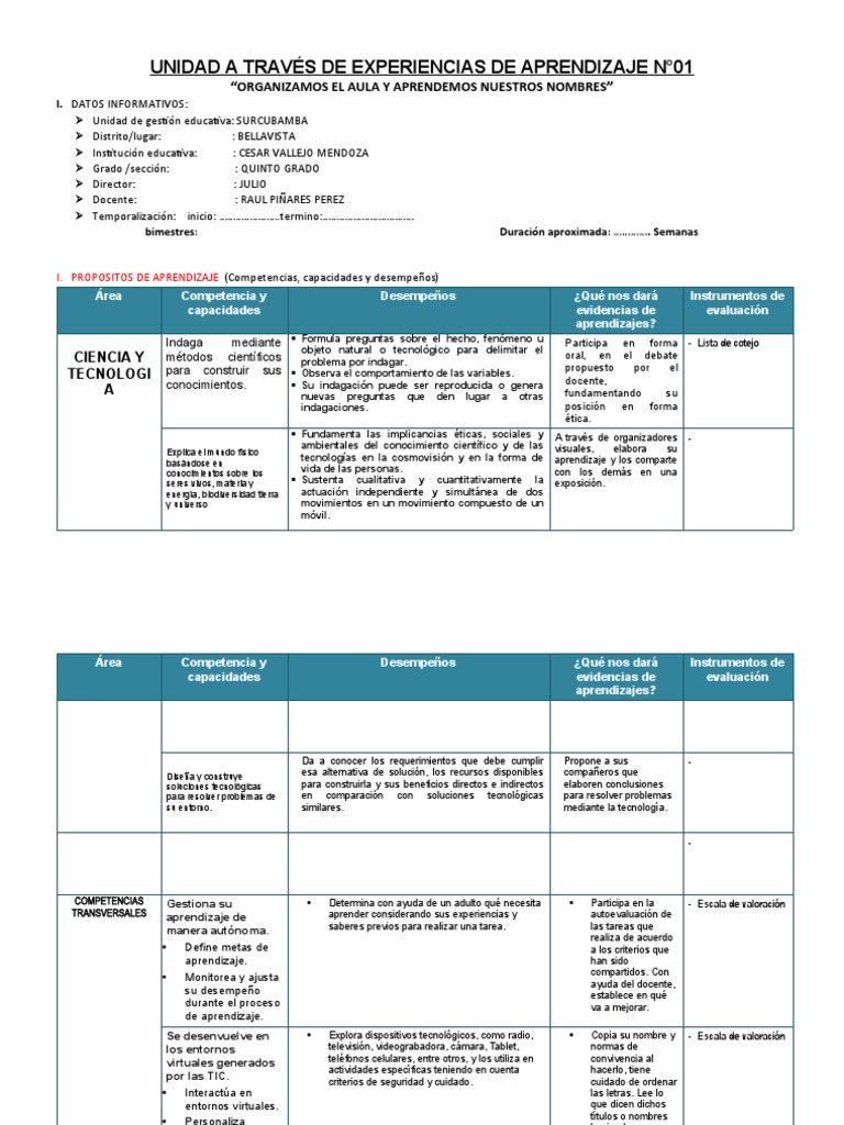 Unidad de Experiencia de Aprendizaje 2021 CVM | PDF | Evaluación | Aprendizaje