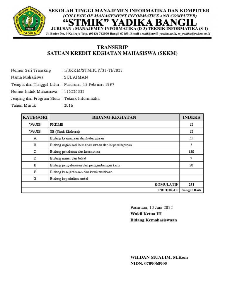 Transkrip SKKM | PDF