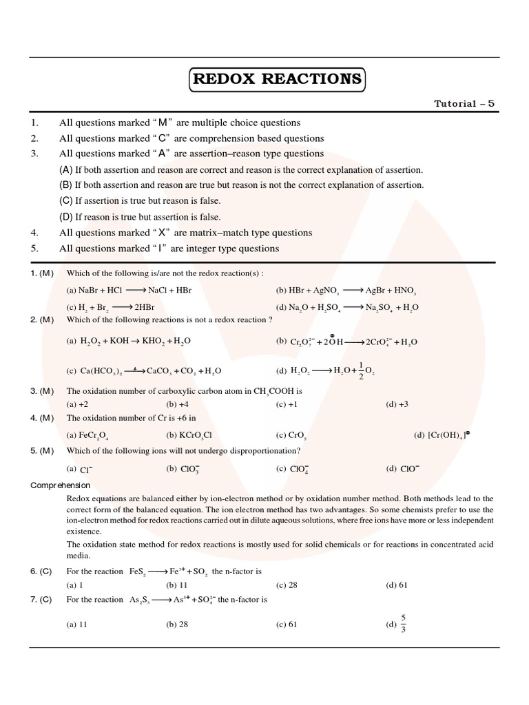 REDOX REACTIONS TUTORIAL | PDF | Redox | Chemical Reactions