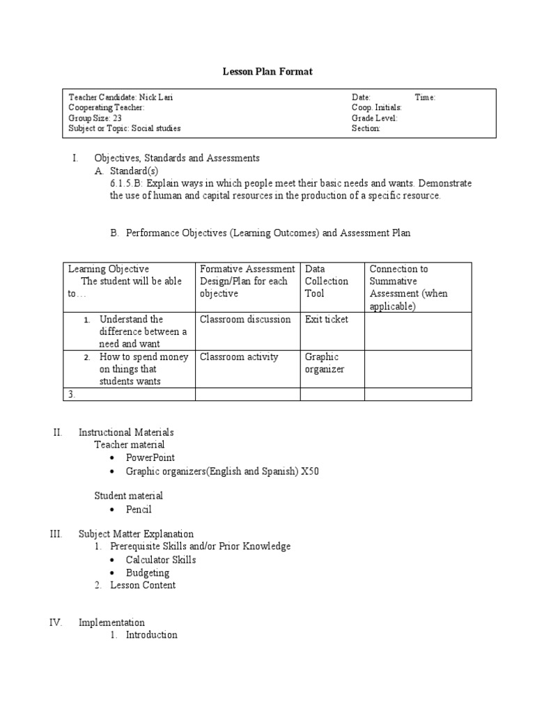 Lesson Plan Needs Versus Wants | PDF | Educational Assessment ...