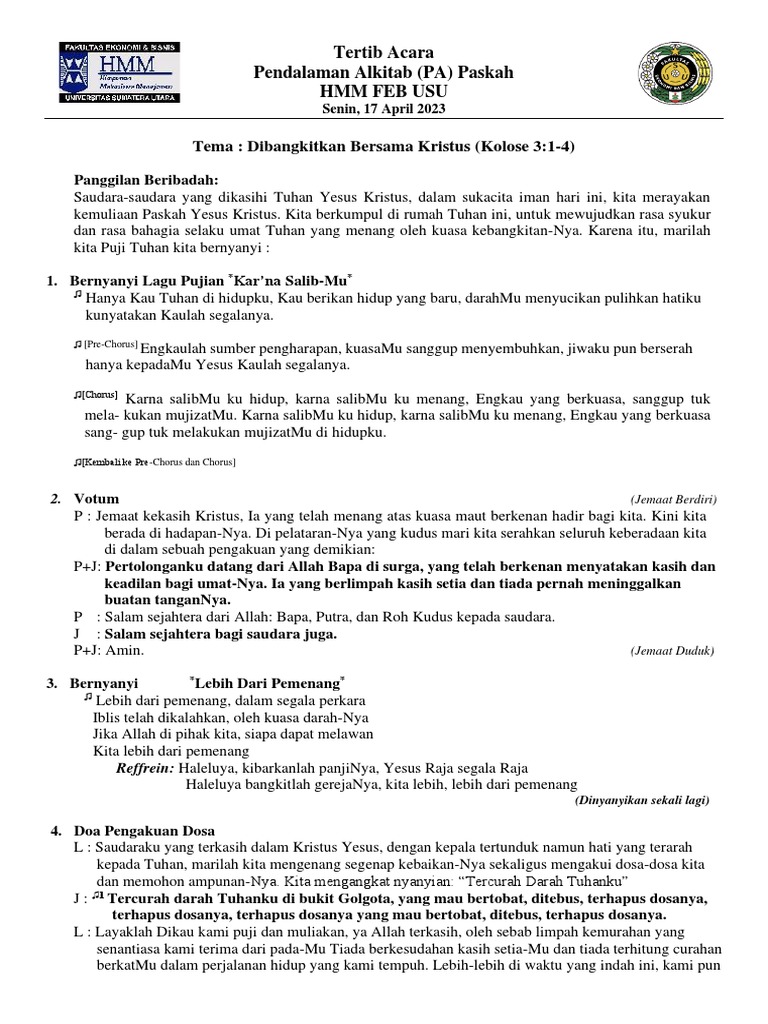 Tertib Acara Pendalaman Alkitab (PA) Paskah HMM Feb Usu: Tema ...
