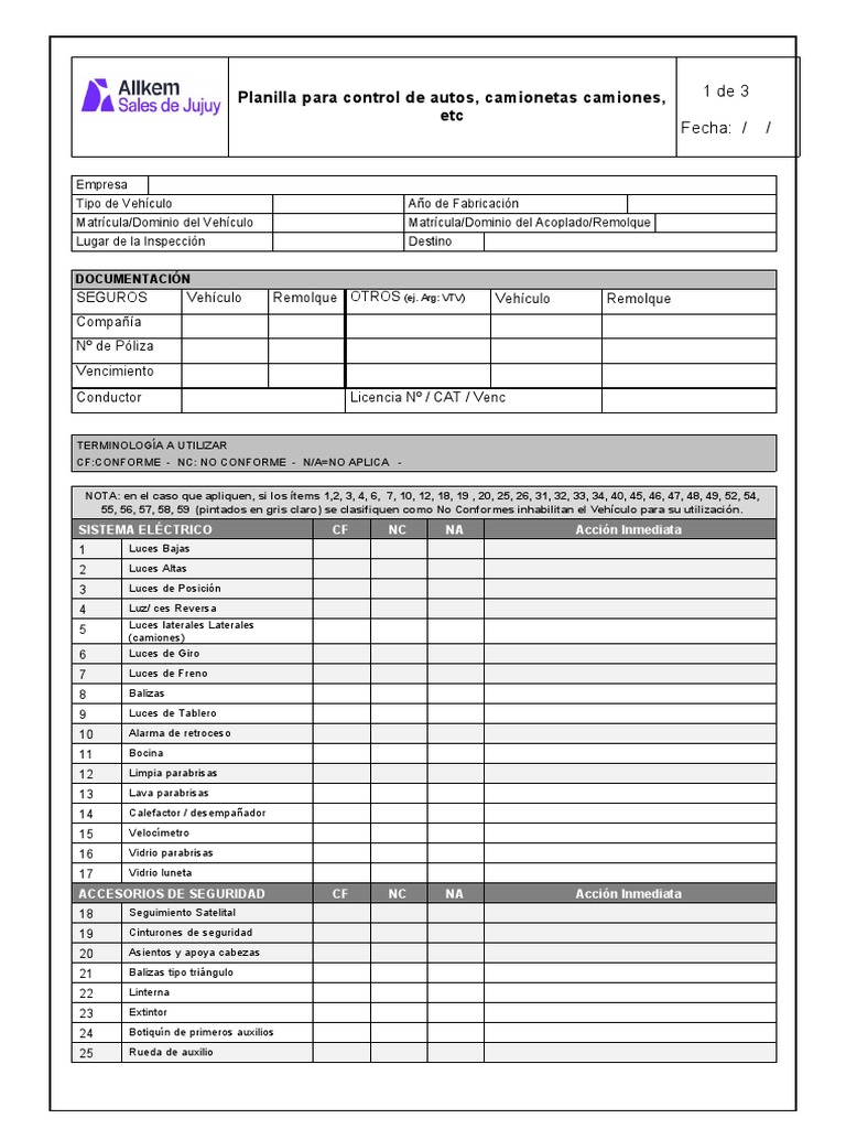 HSE-F01 Rev. 1 Planilla para Control de Autos, Camionetas Etc | PDF ...