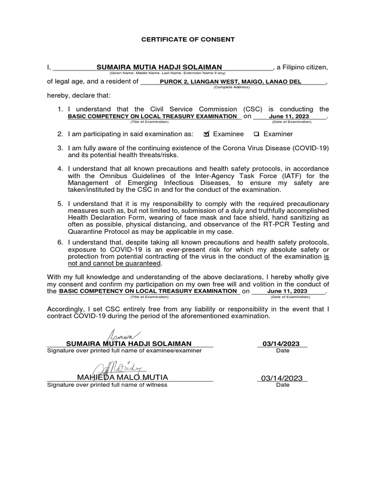 Certificate of Consent for CSC Exam | PDF | Social Science
