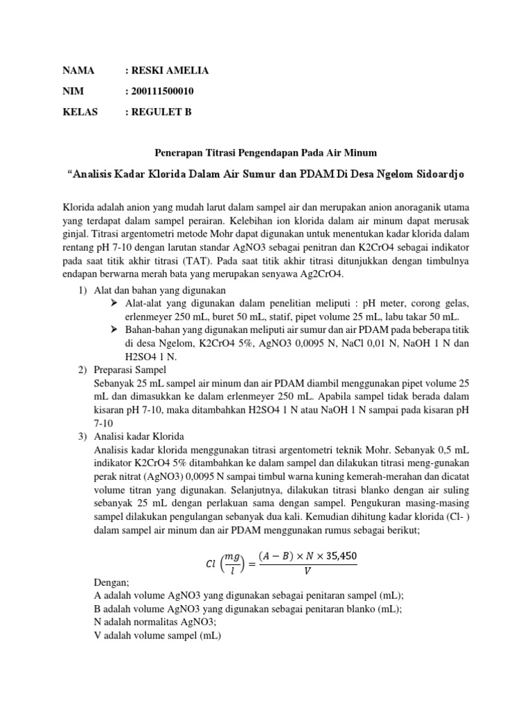 "Analisis Kadar Klorida Dalam Air Sumur Dan PDAM Di Desa Ngelom ...
