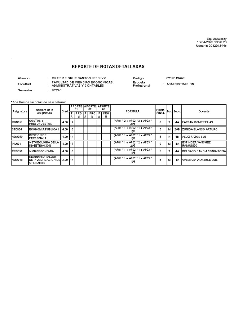 Reporte de Notas - ERP University | PDF